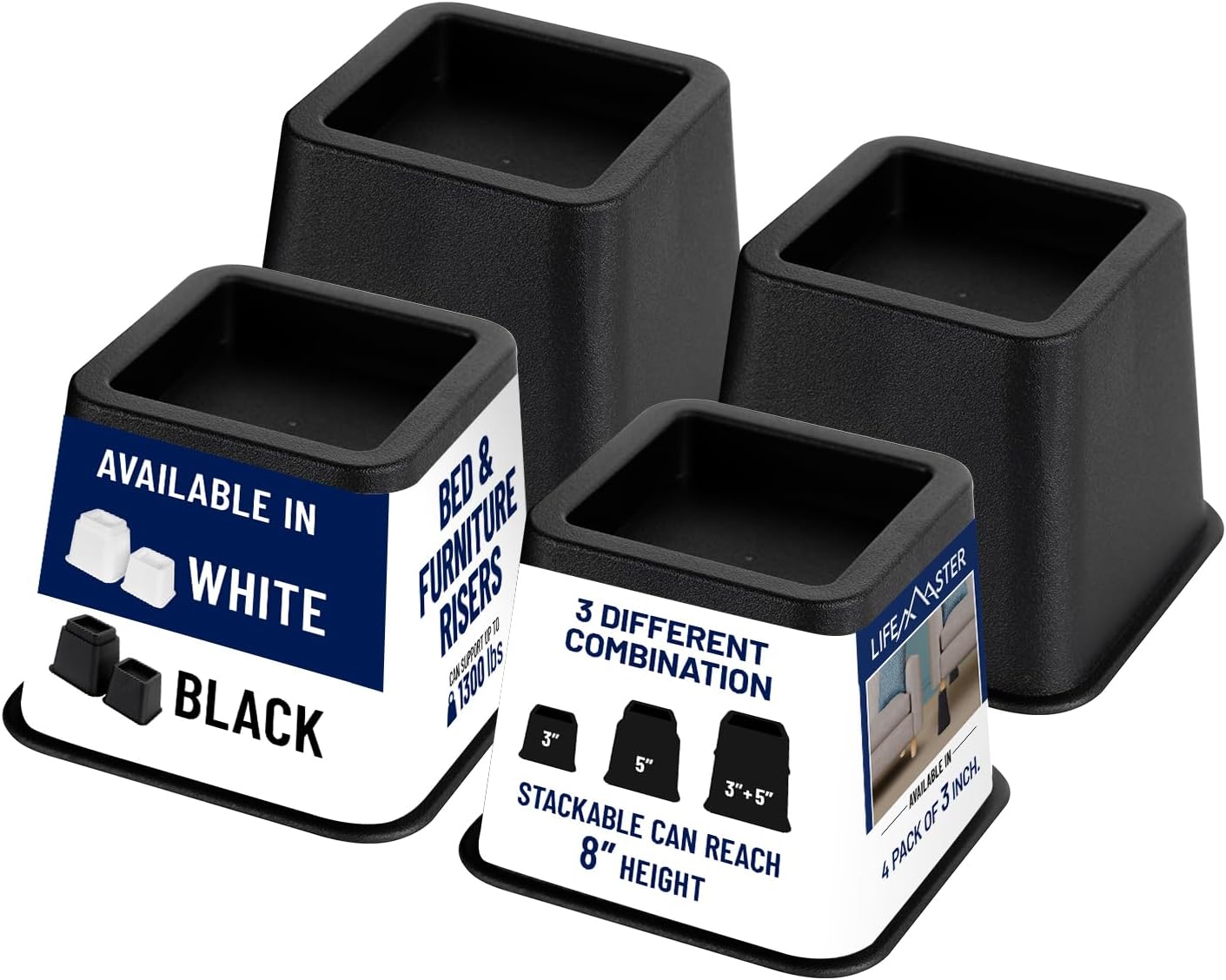 LifeMaster Bed Risers 3 inch - Heavy Duty Furniture Risers for Sofa Co ...